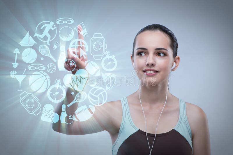 The Young Girl in Sports Concept Pressing Virtual Buttons Stock Image ...