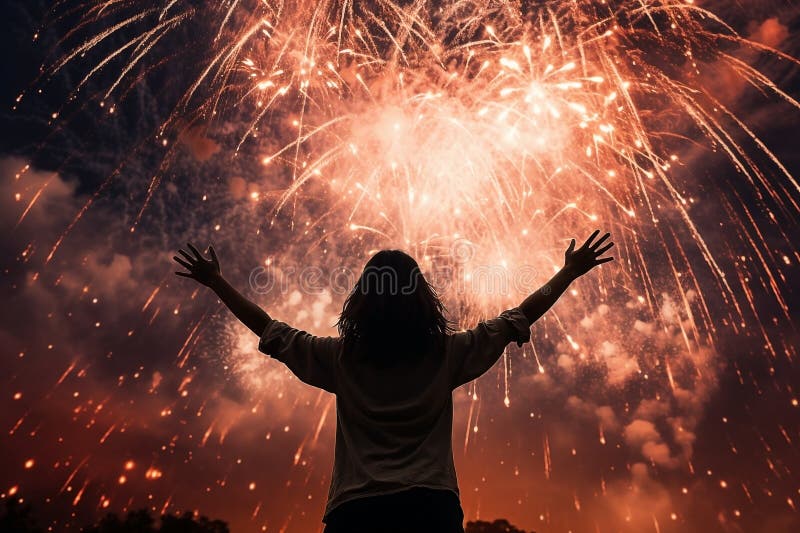 Young Girl Standing with Hands Out To the Sky with Fireworks Falling ...