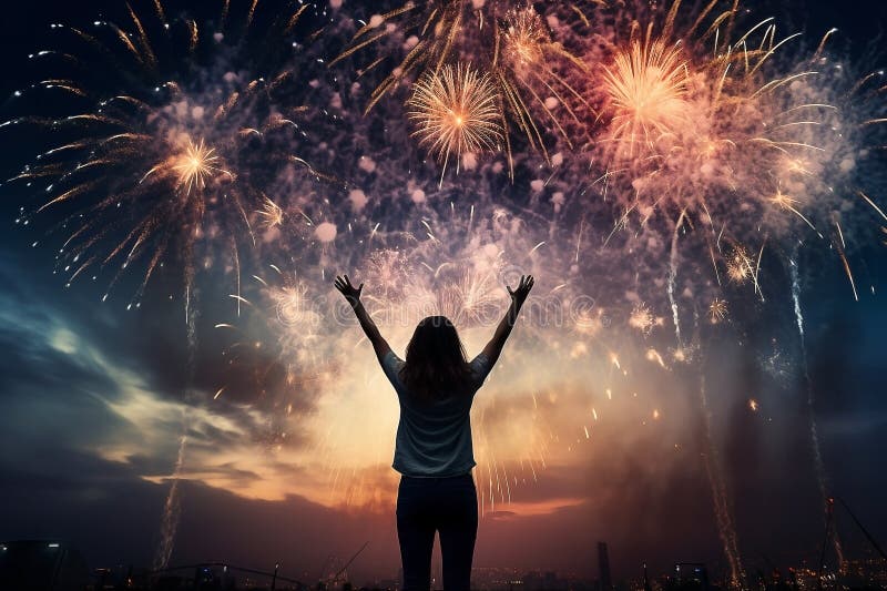 Young Girl Standing with Hands Out To the Sky with Fireworks Falling ...