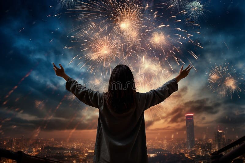 Young Girl Standing with Hands Out To the Sky with Fireworks Falling ...