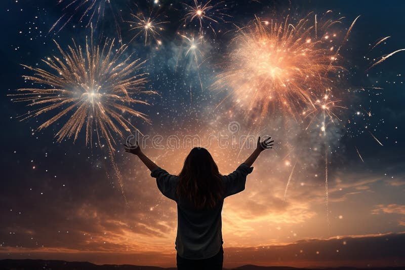 Young Girl Standing with Hands Out To the Sky with Fireworks Falling ...
