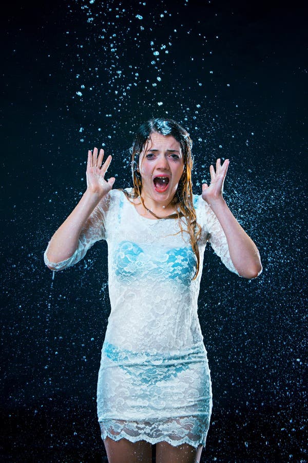 The Young Girl Standing Under Running Water Stock Image - Image of girl ...