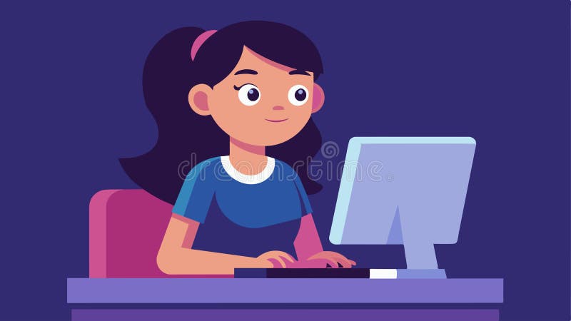 A Young Girl Stares Intensely at Her Computer Screen Her Fingertips Ly ...
