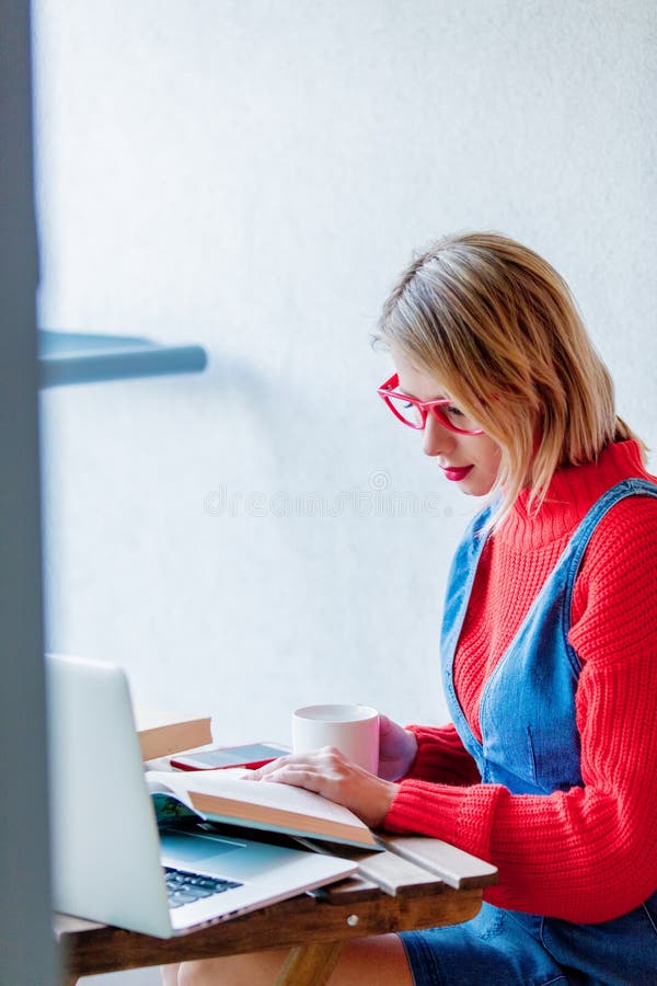Girl Study with Books and Laptop Computer Stock Photo - Image of season ...