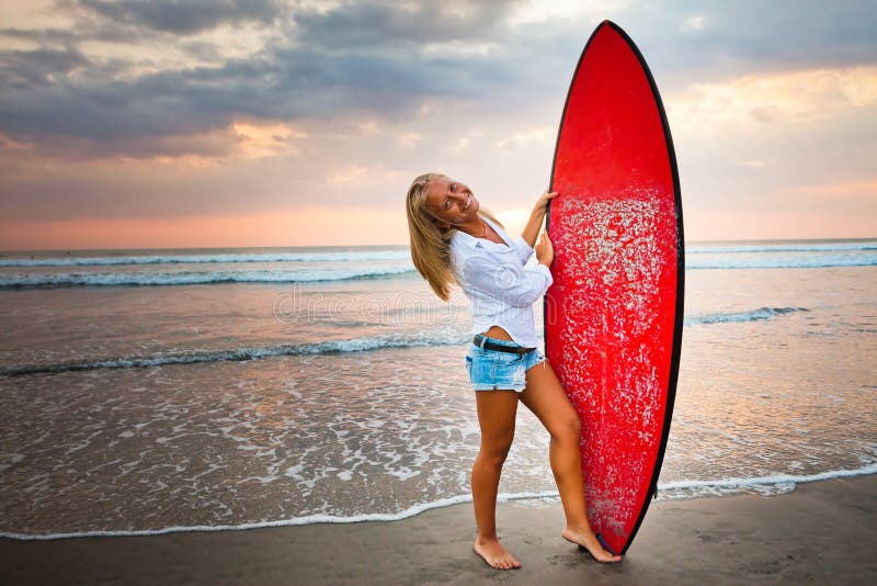 Young Girl with Surfboard at the Beach Stock Image - Image of person ...