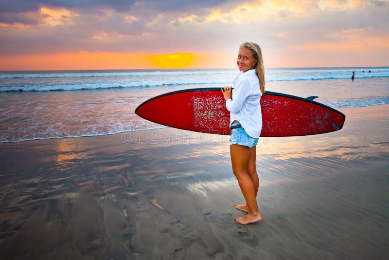 Young Girl with Surfboard at the Beach Stock Image - Image of surf ...