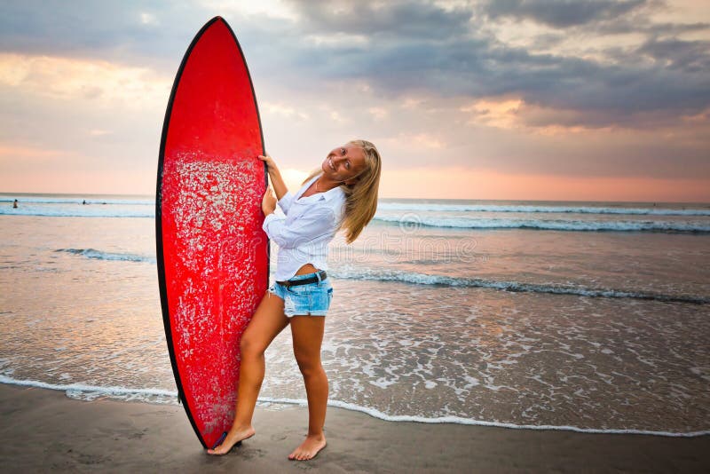 Young Girl with Surfboard at the Beach Stock Image - Image of surf ...