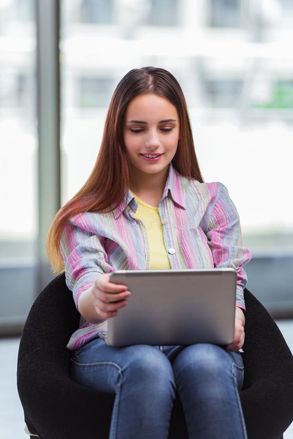 The Young Girl Surfing Internet on Laptop Stock Photo - Image of ...