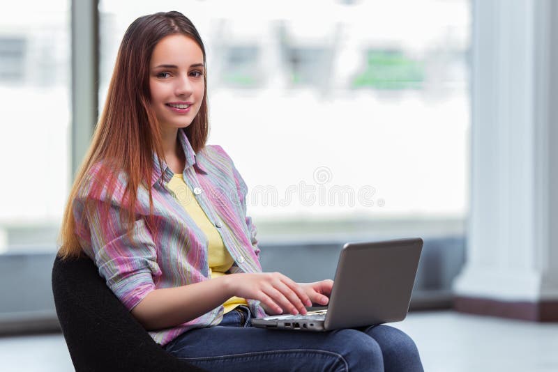 The Young Girl Surfing Internet on Laptop Stock Photo - Image of ...