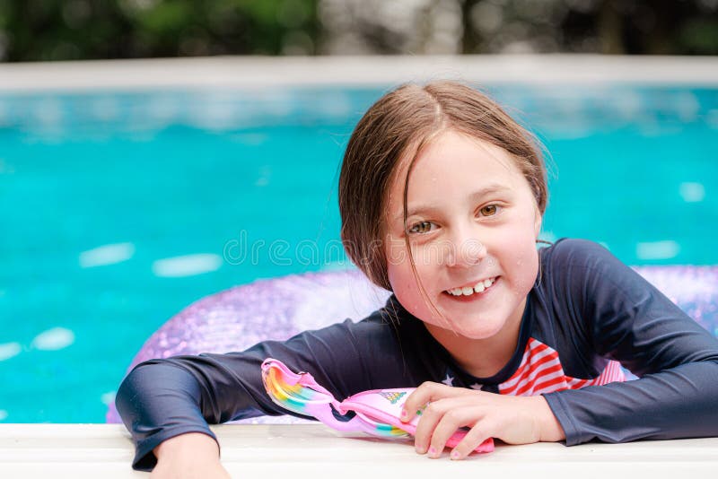 Young Girl in Swimming Pool at Home Backyard Fun Stock Photo - Image of ...