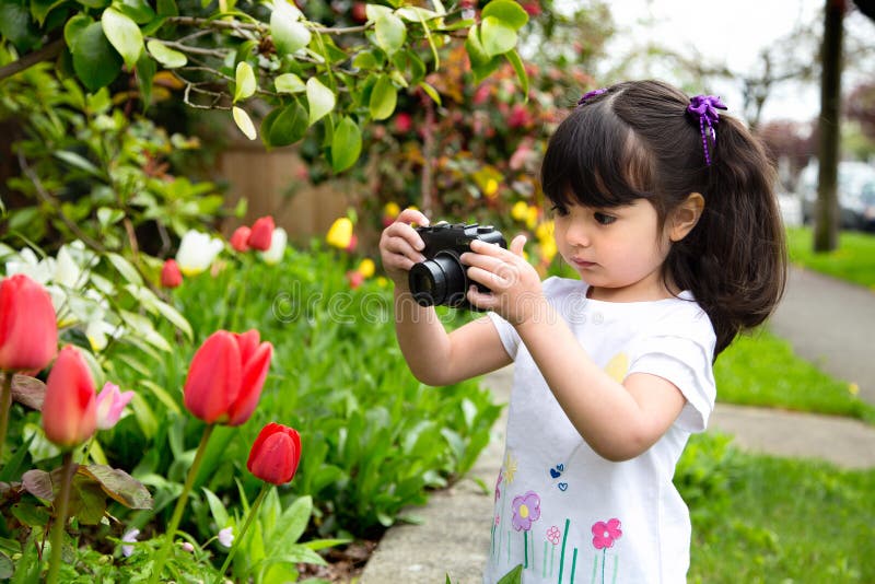Young Girl Taking a Picture of Tulips Stock Photo - Image of digital ...