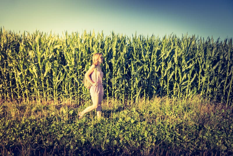 Young Girl is Taking a Walk on a Field, Summer Time Stock Image - Image ...