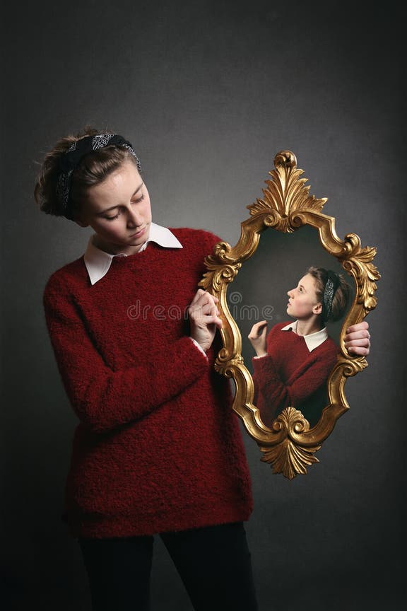 Young Girl Talks with Her Conscience Stock Photo - Image of dark, talk ...