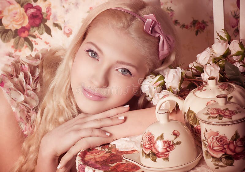 Young Girl with Tea Ceremony Stock Image - Image of floral, people ...