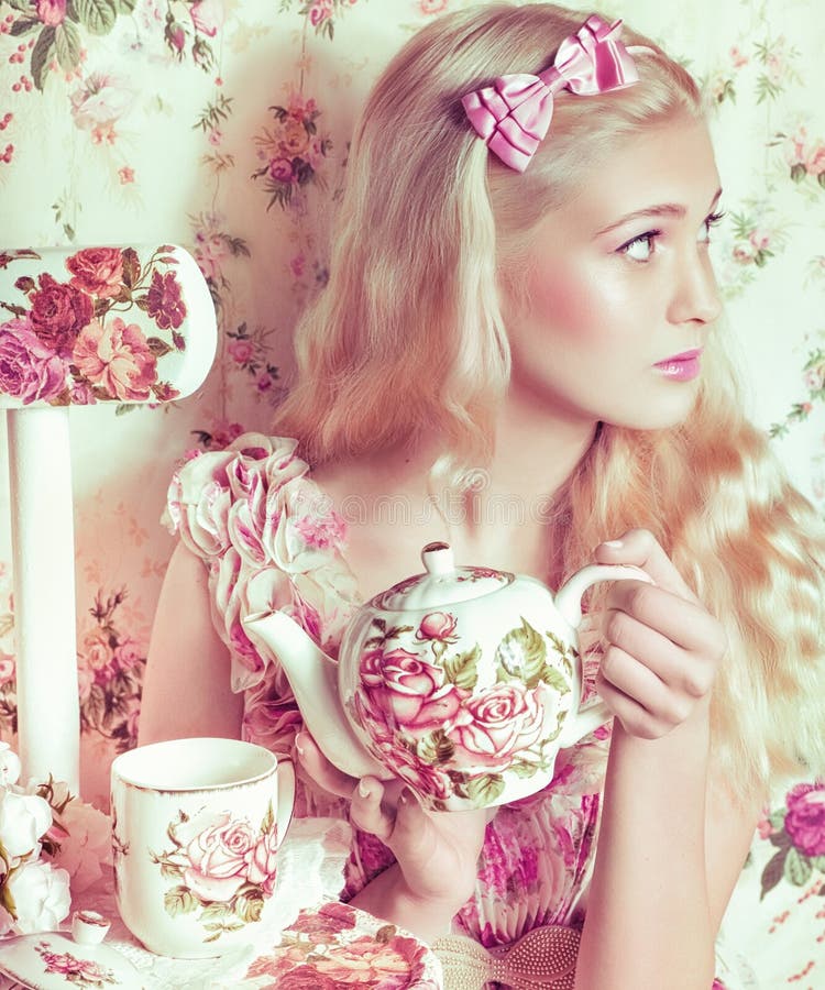 Young Girl with Tea Ceremony Stock Image - Image of floral, people ...