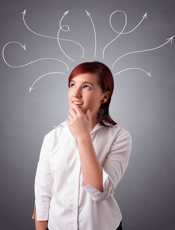 Young Girl Thinking with Arrows Overhead Stock Photo - Image of girl ...