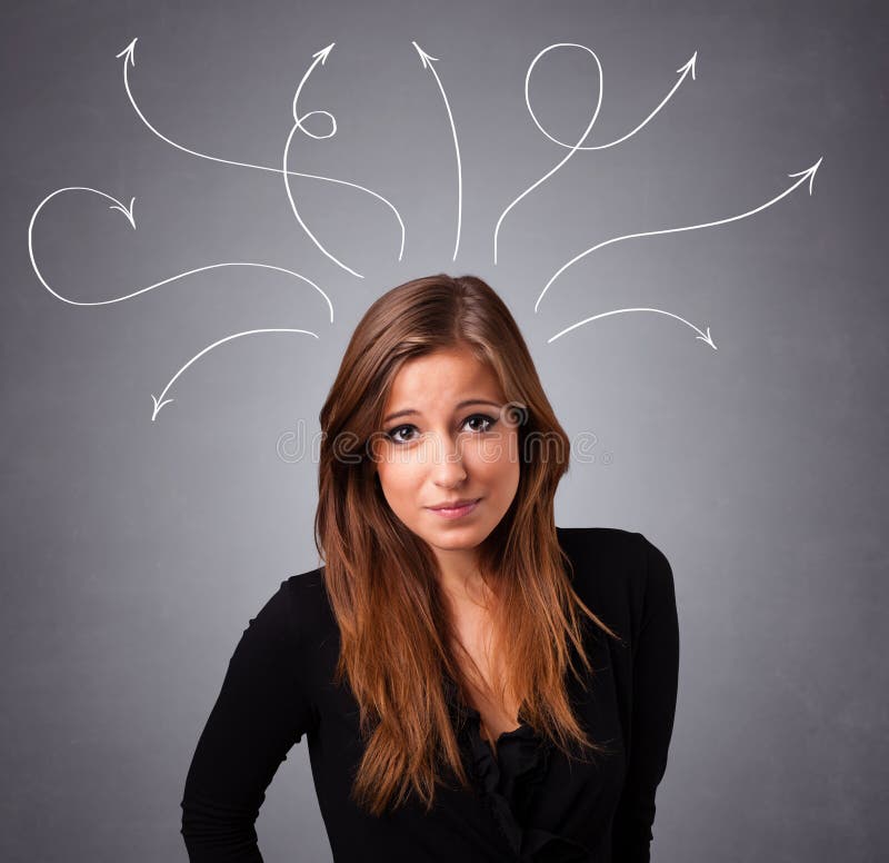 Young Girl Thinking with Arrows Overhead Stock Image - Image of head ...