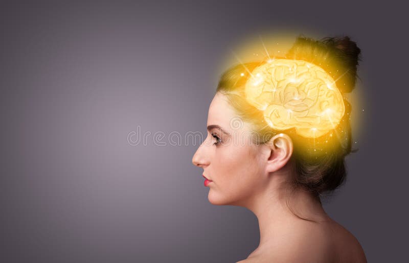 Young Girl Thinking with Glowing Brain Illustration Stock Photo - Image ...