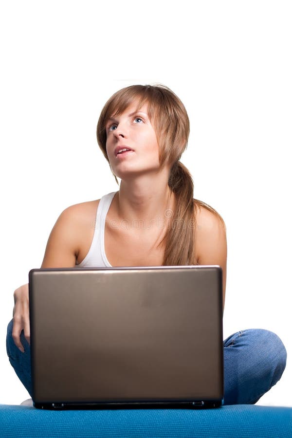 Young Girl Thinking with Laptop Stock Photo - Image of beauty, female ...