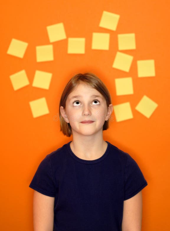 Young Girl Thinking and Sticky Notes Stock Photo - Image of female ...