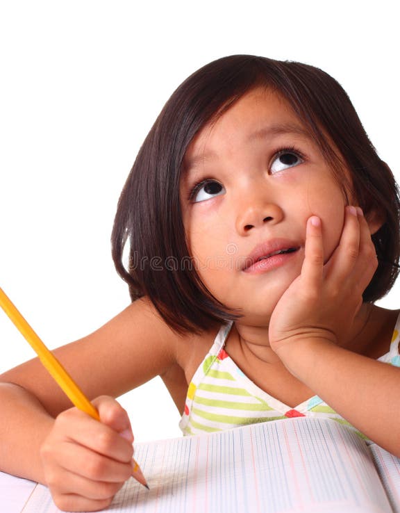 Young Girl Thinking and Writing Stock Image - Image of student, school ...