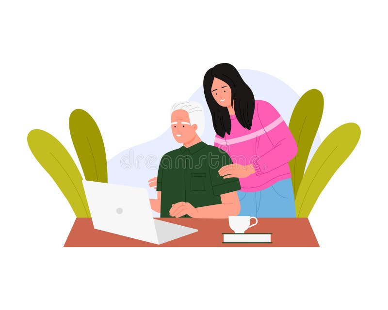 Young Girl Training Elderly Man To Work or Study with Laptop Stock ...