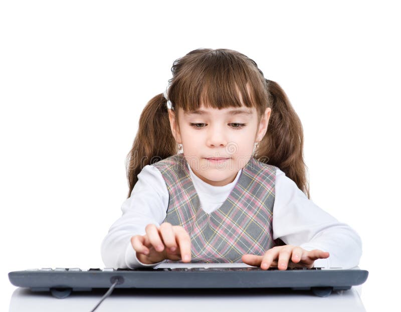 Young Girl with Glasses Typing Keyboard. Isolated on White Stock Photo ...