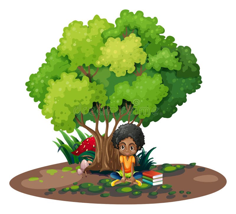 Girl Sitting Against Tree Cartoon