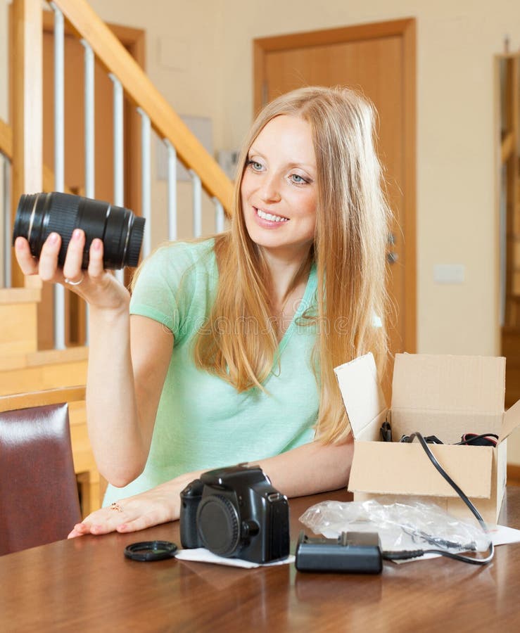 Girl Unpacking New Compact Digital Camera Stock Image - Image of book ...