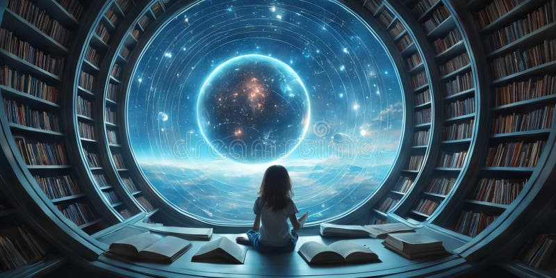 Girl watching the universe stock illustration. Illustration of learn ...