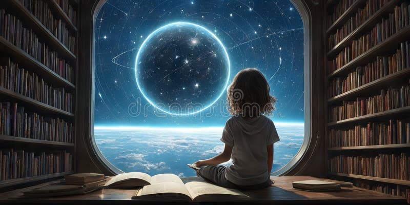 Girl watching the universe stock illustration. Illustration of young ...