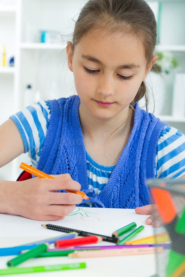 Young Girl Working on Her School Project at Home. Stock Image - Image ...