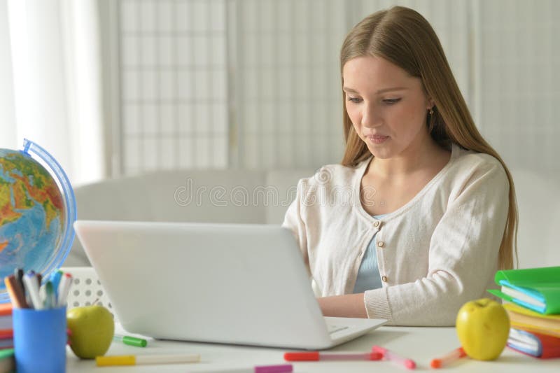 Young Girl Working with Laptop at Home Stock Photo - Image of female ...
