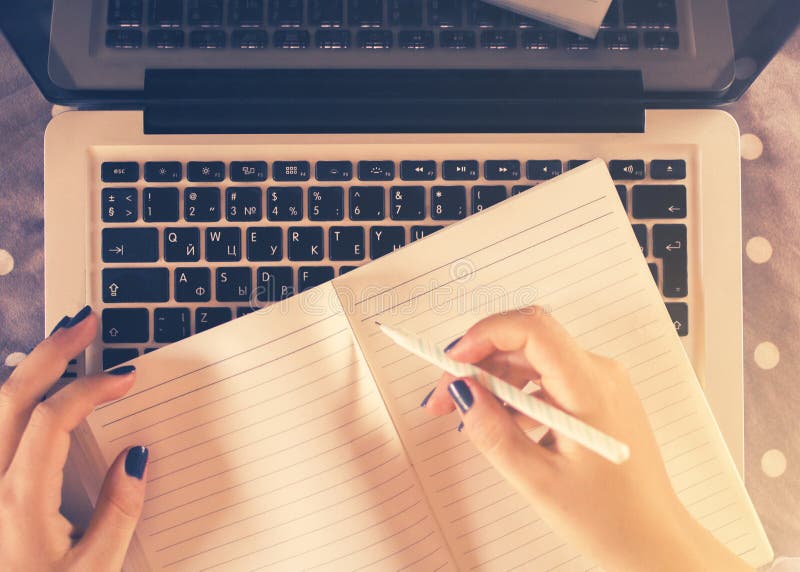 Young Girl Writes in a Notebook on the Bed Stock Image - Image of text ...