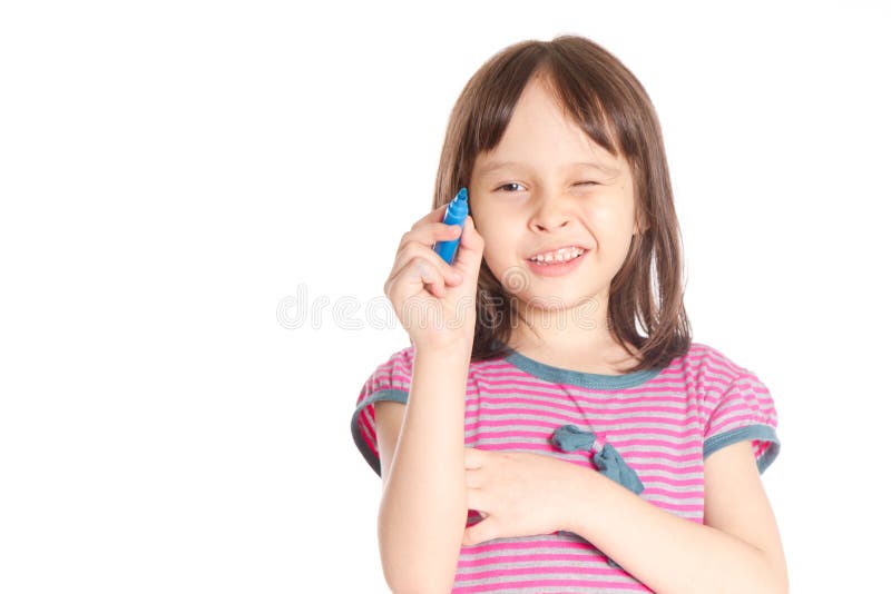 Young Girl Writing on Virtual Board with Blue Marker Stock Image ...
