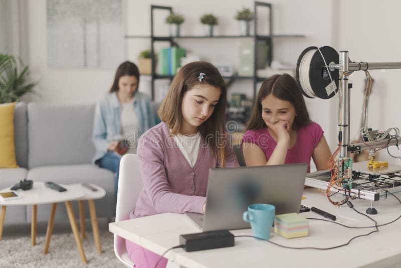 Young Girls Learning 3D Printing at Home Stock Image - Image of family ...