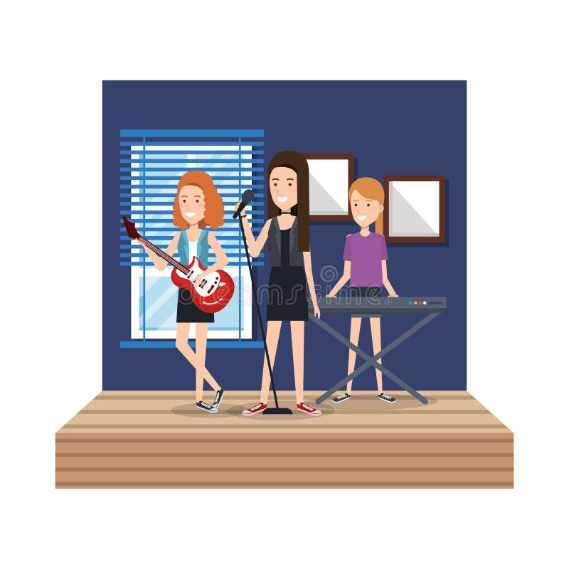 Young Girls Playing Instruments in the House Stock Vector ...