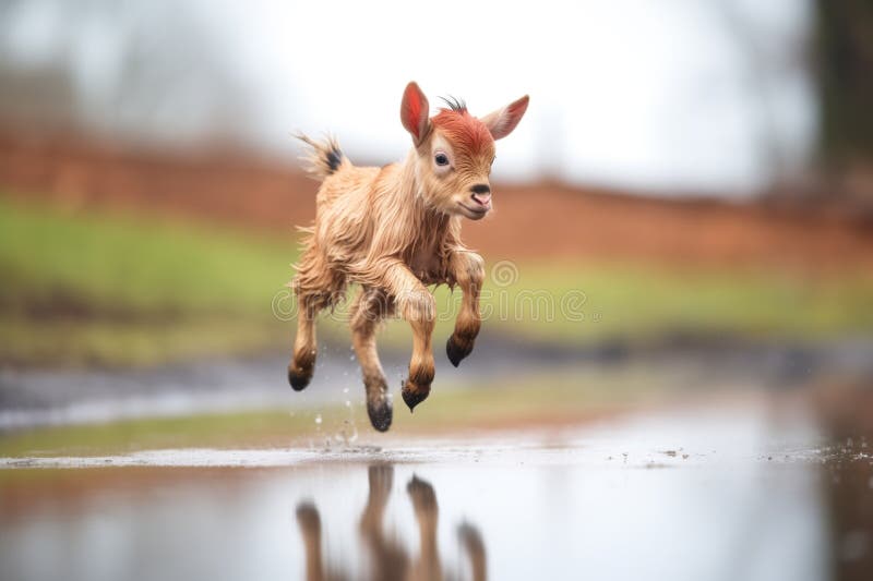 Young Goat Playfully Jumping Over a Puddle Stock Illustration ...