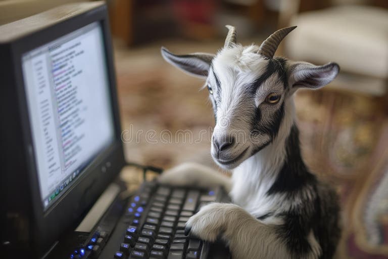 Young Goat Using Computer Keyboard and Looking at Monitor, Exploring ...