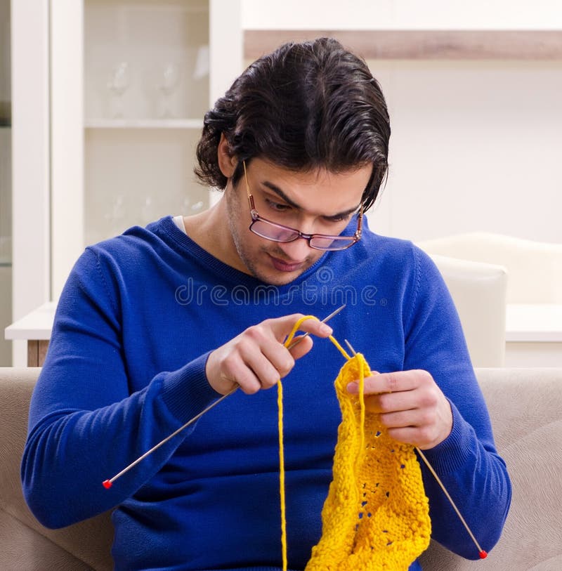 Young Good Looking Man Knitting at Home Stock Photo - Image of knitted ...