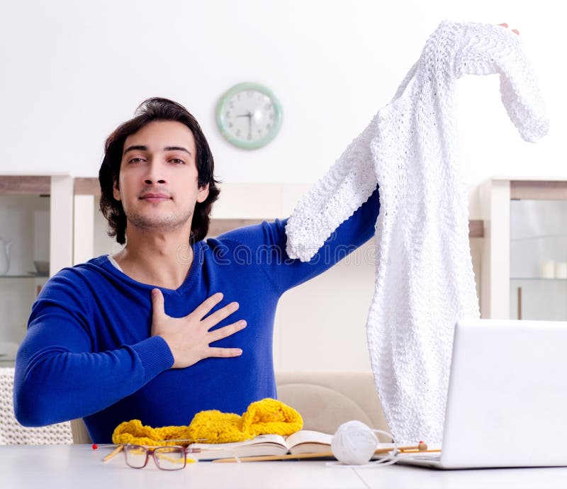 Young Good Looking Man Knitting at Home Stock Photo - Image of leisure ...
