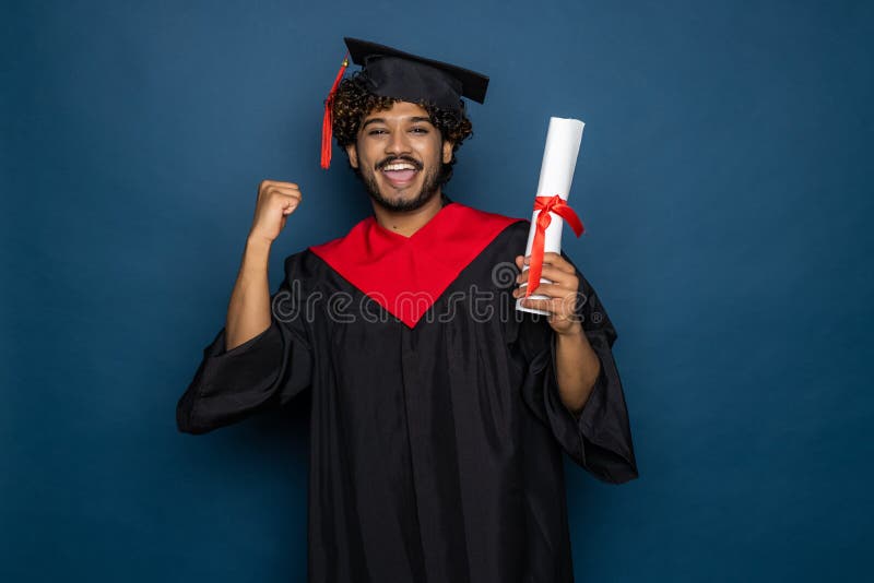 Young Graduation Man Holding Certificate Isolated on Blue Background ...