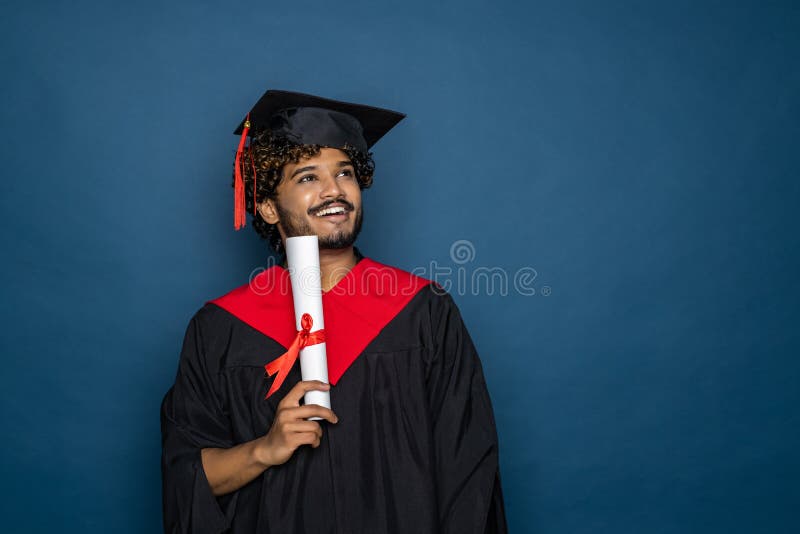 Young Graduation Man Holding Certificate Isolated on Blue Background ...