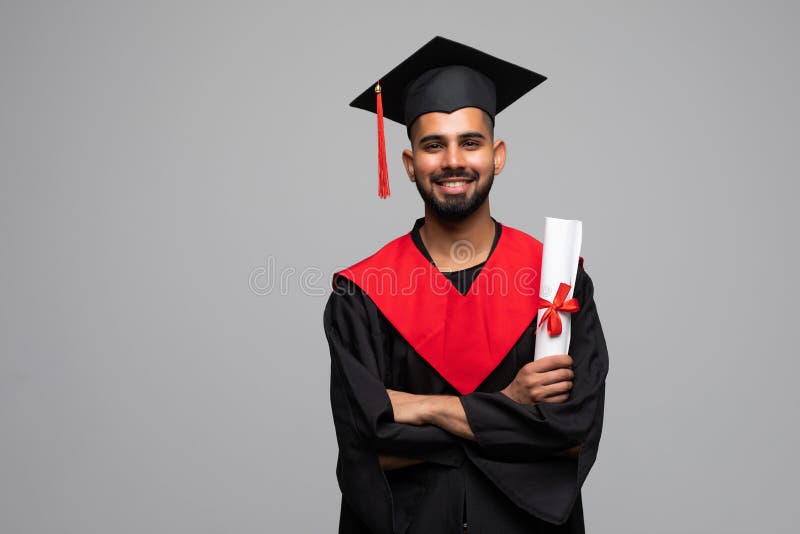 Young Graduation Man Holding Certificate Isolated on Grey Background ...