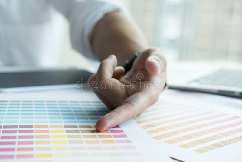Young Graphic Designer Working with Computer, Color Swatch. Creative ...
