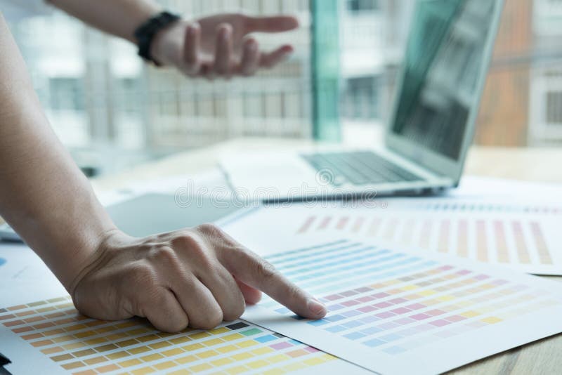 Young Graphic Designer Working with Computer, Color Swatch. Creative ...