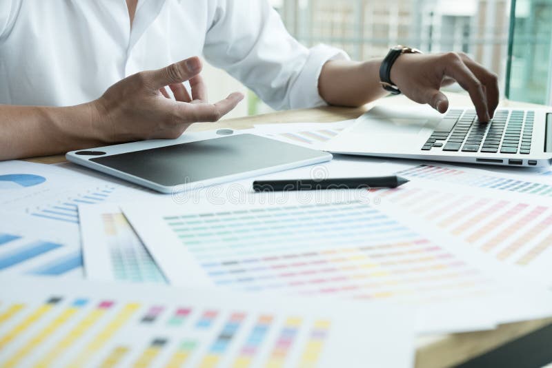 Young Graphic Designer Working with Computer, Color Swatch. Creative ...