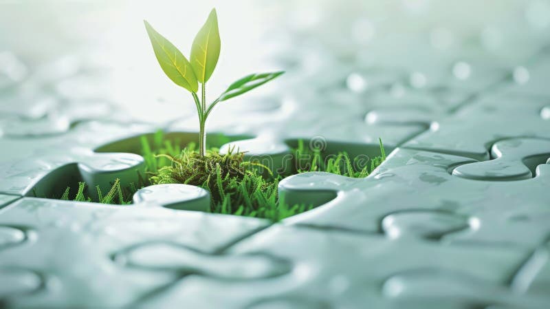 A Young Green Plant is Growing through a Missing Piece in a Jigsaw ...