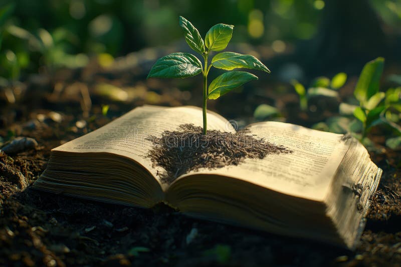 Young Green Plant Growing from Open Book Symbolizes Knowledge Nurturing ...