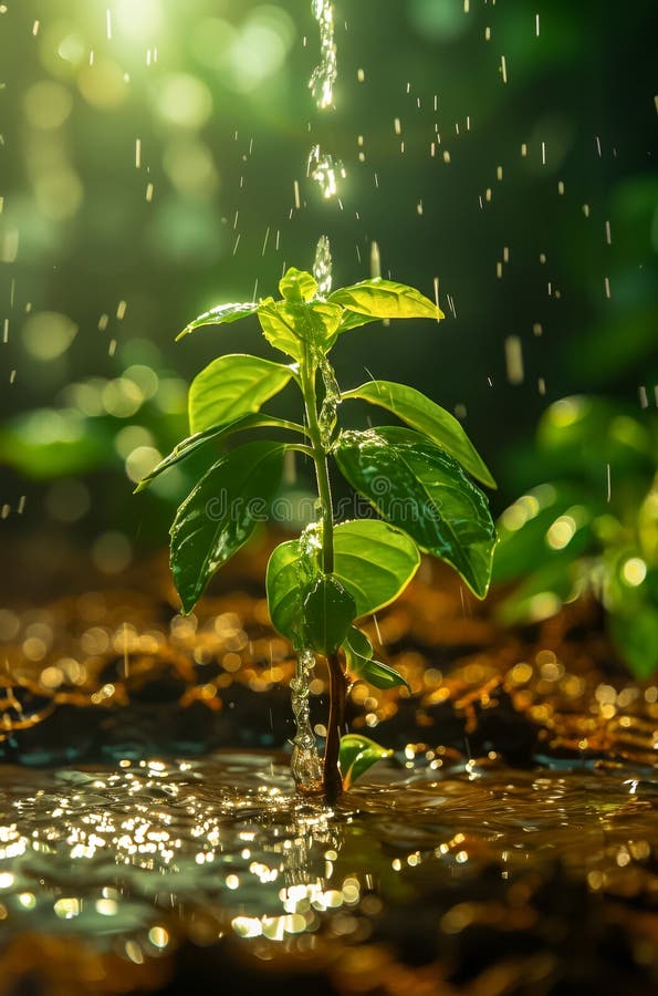 Young Green Plant Sprouting with Water Drops on Soil Stock Illustration ...